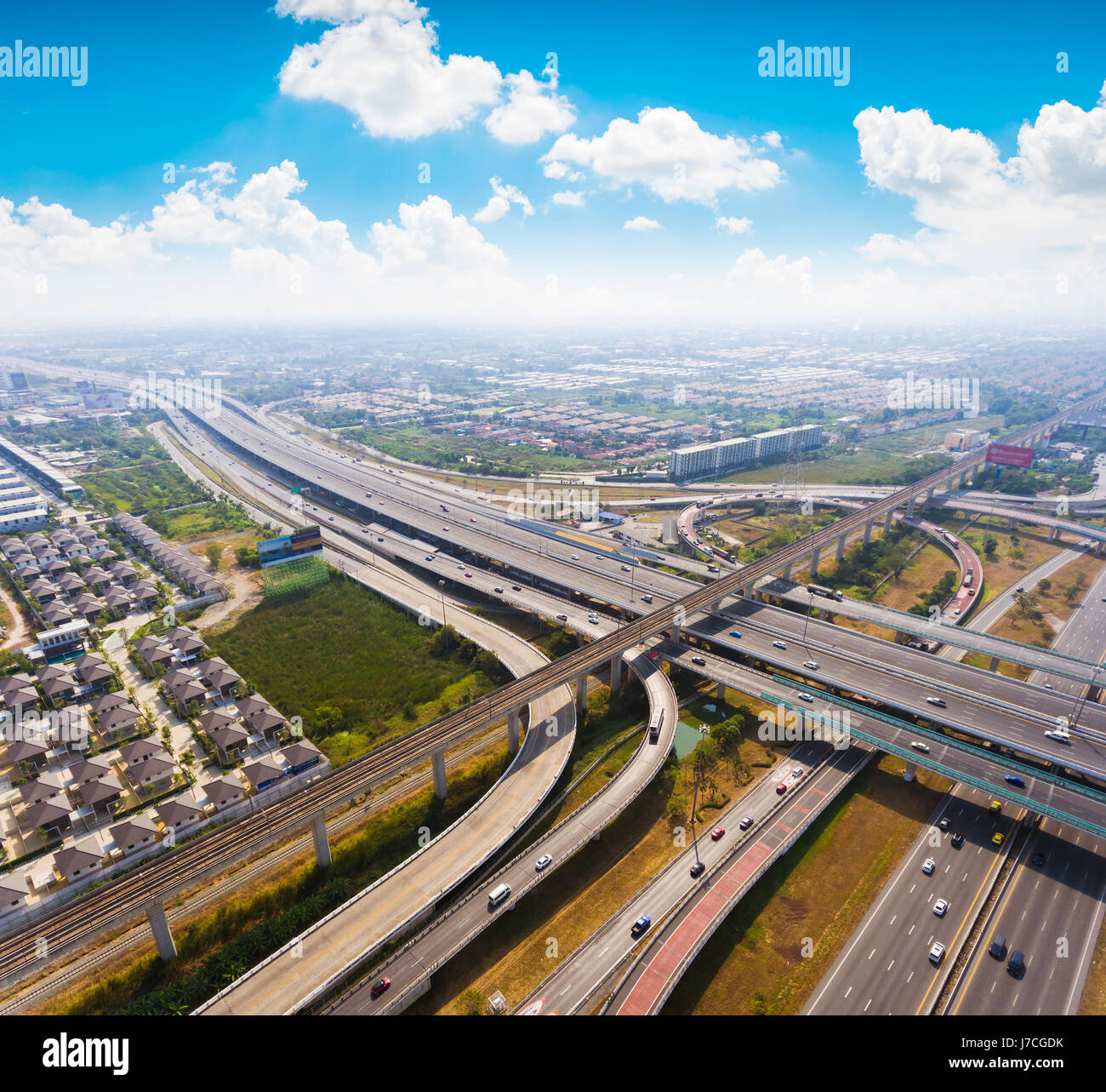 Aerial highway junction. Busy highway from aerial view. Urban highway ...