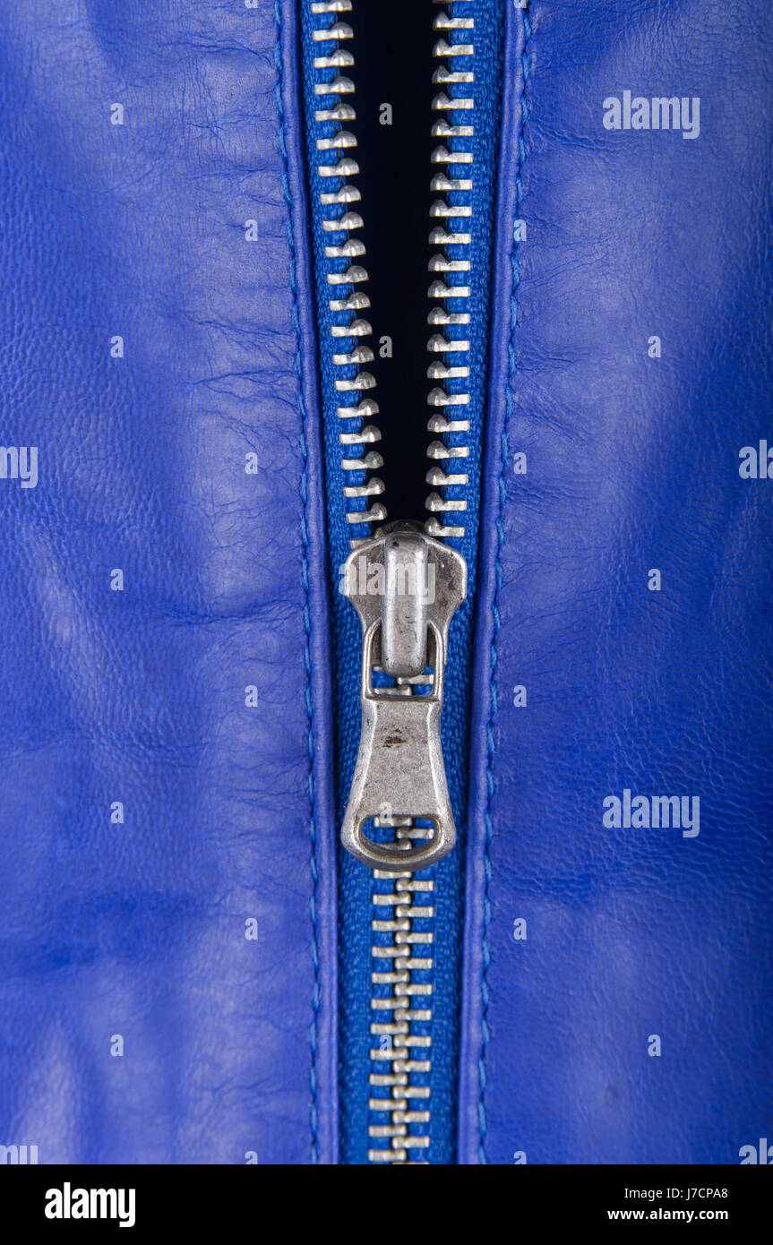 leather closed metal open zipper uncap zip lock blue macro close-up ...