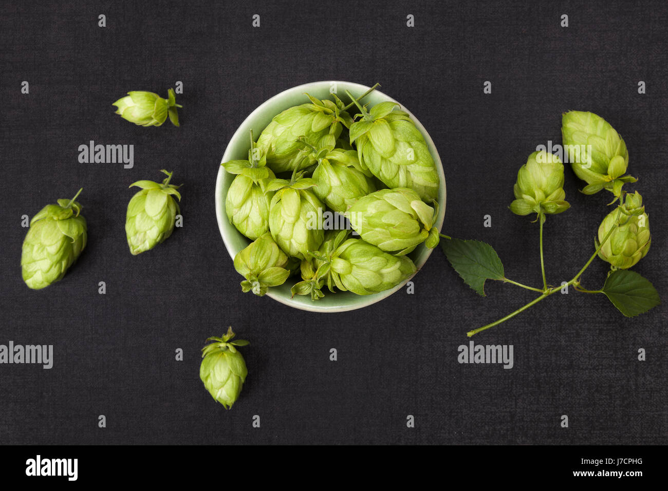 Hop fruit in bowl on black concrete background from above Stock Photo ...