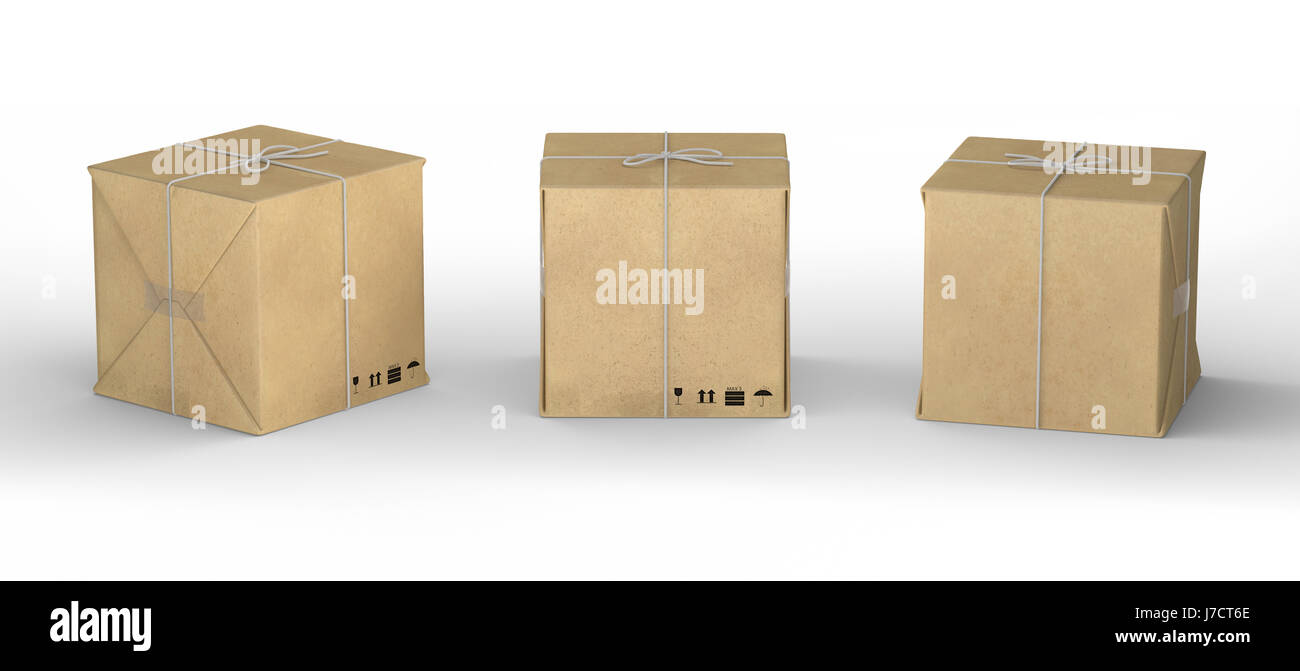Blank cardboard carton wrapped with brown paper and tied with string ...