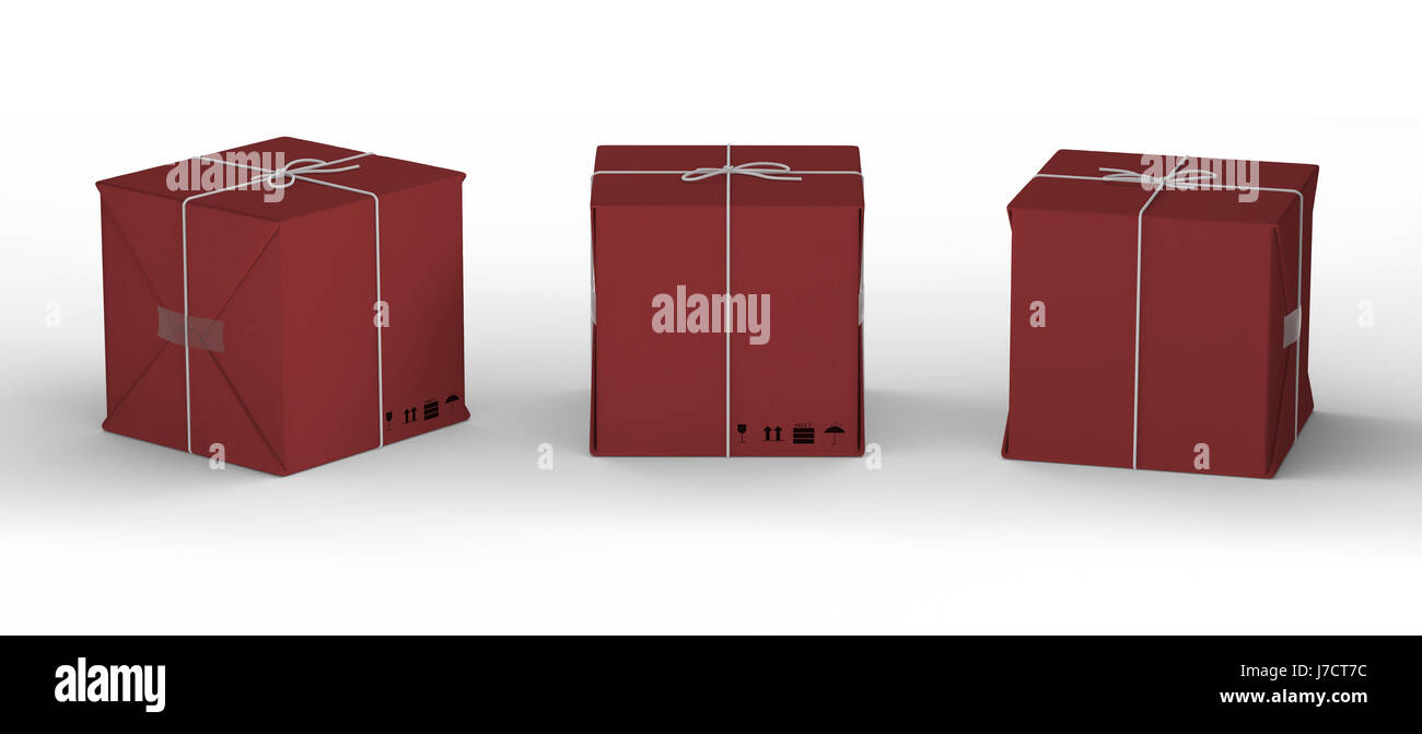 Blank cardboard carton wrapped with red paper and tied with string ...