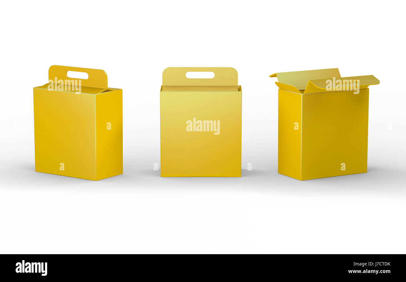 Yellow cardboard paper box packaging with handle, clipping path ...