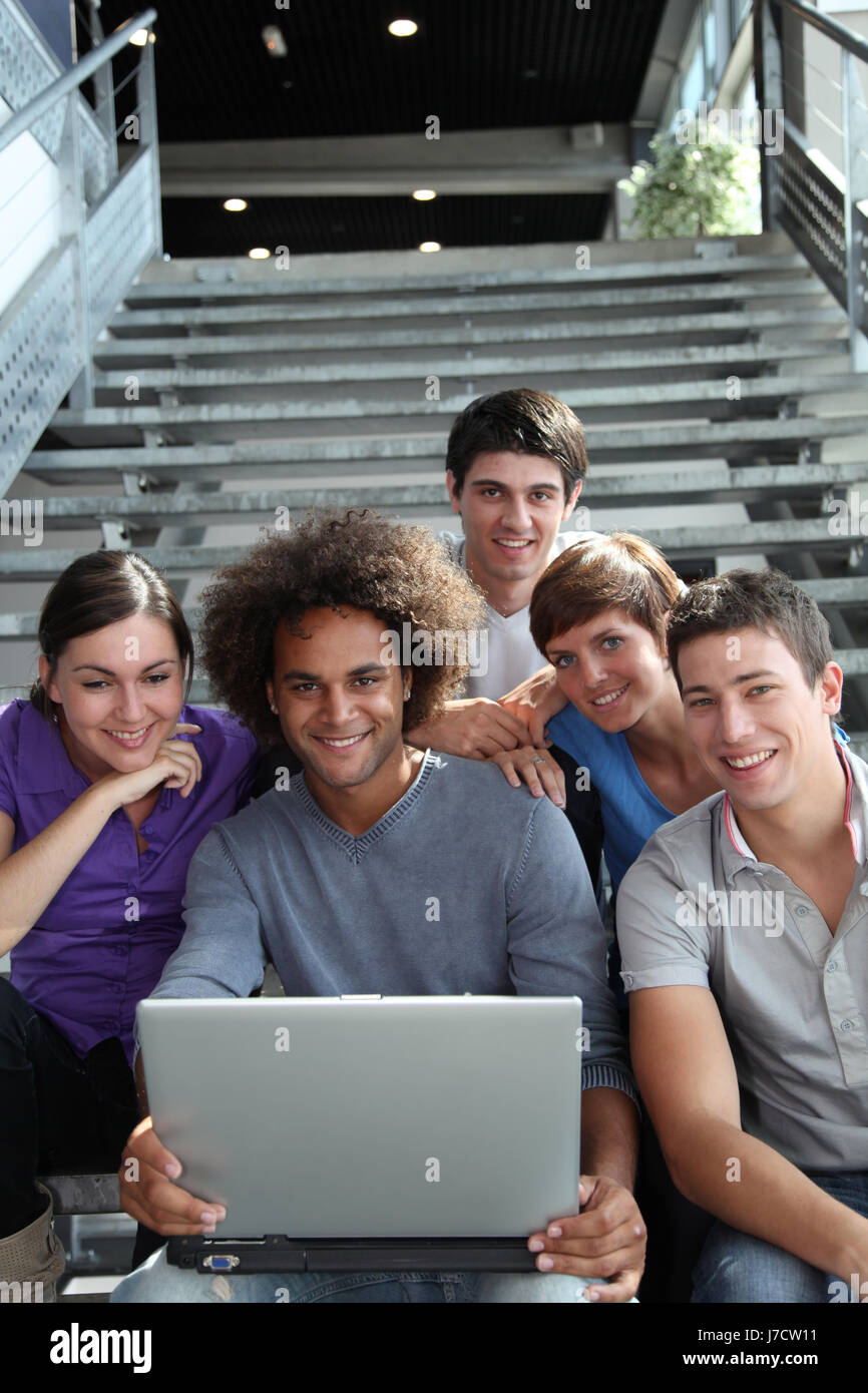 woman stairs laptop notebook computers computer connection connectivity ...