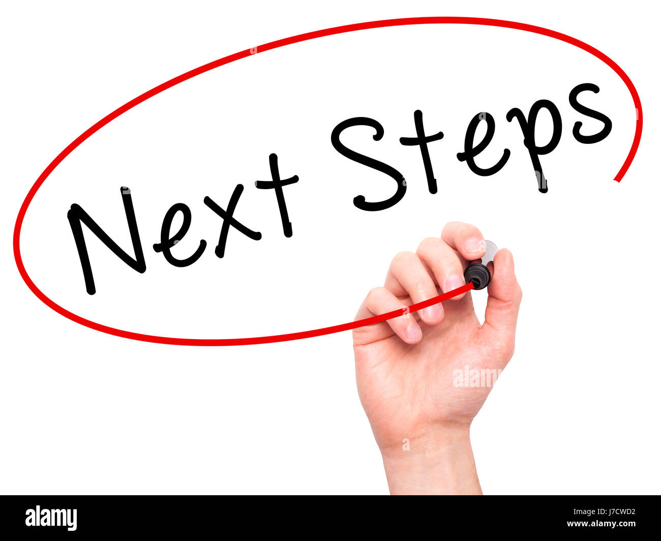 Man Hand writing Next Steps with black marker on visual screen ...