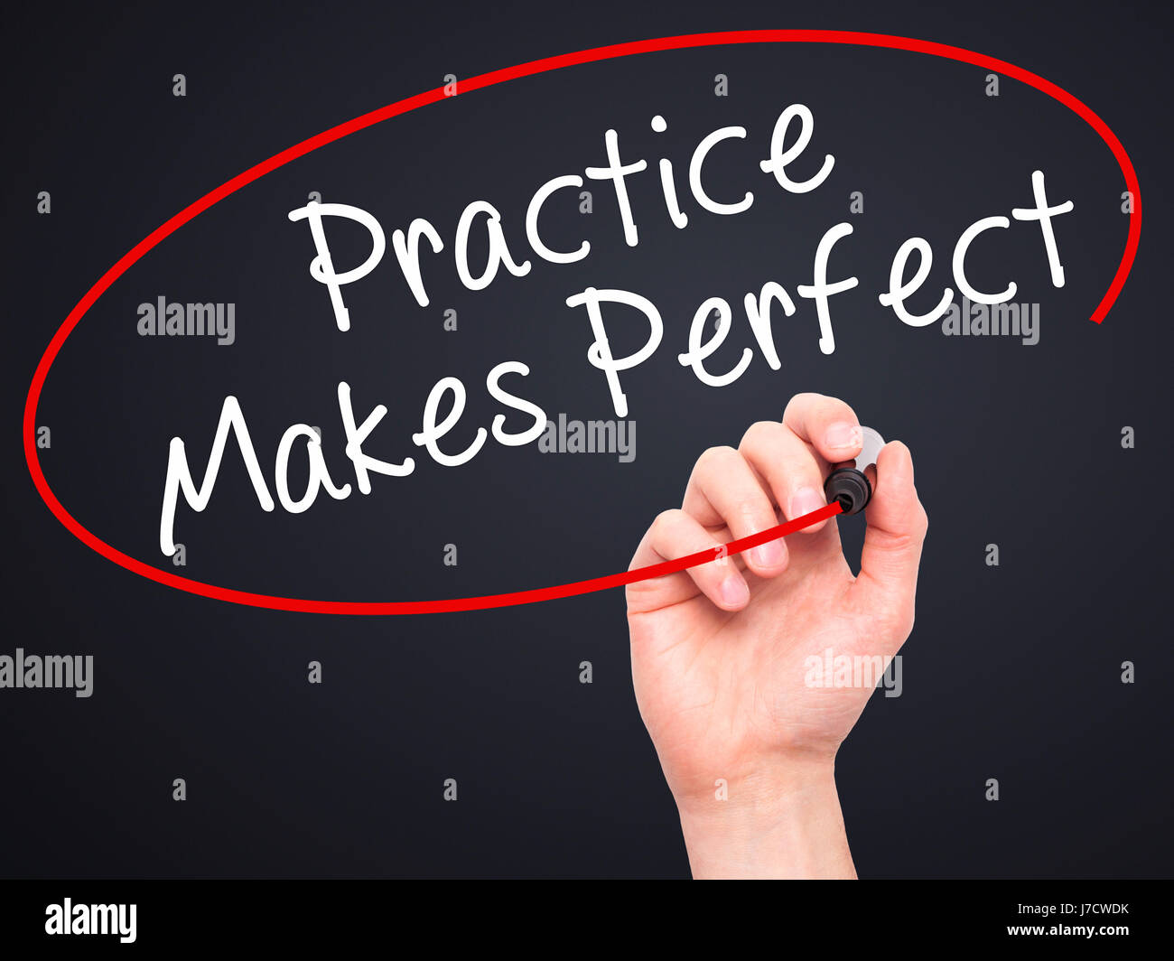 Man Hand writing Practice Makes Perfect with black marker on visual ...