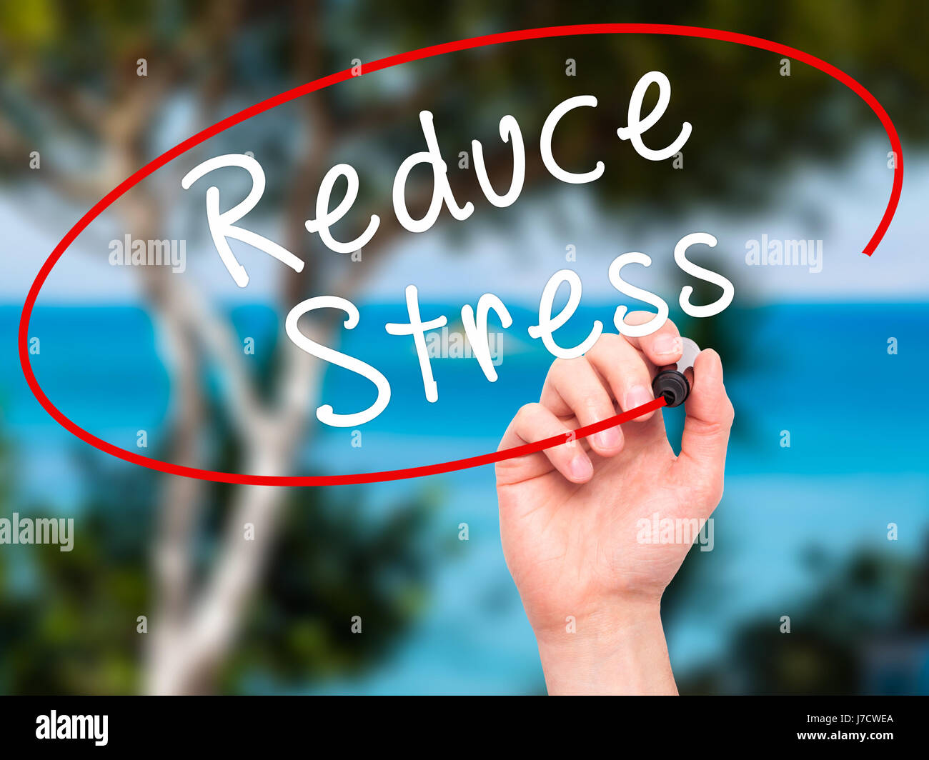 Man Hand writing Reduce Stress with black marker on visual screen ...