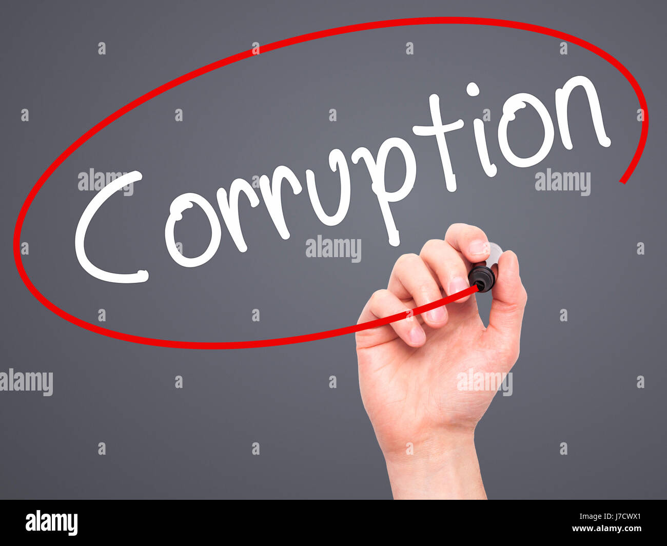 Man Hand writing Corruption with black marker on visual screen ...