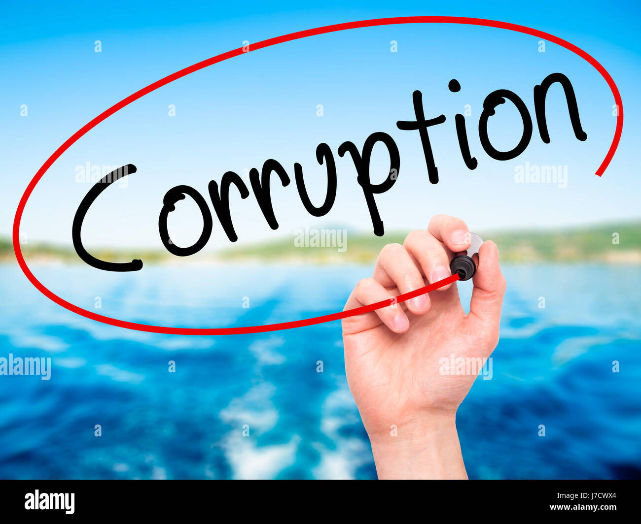 Man Hand writing Corruption with black marker on visual screen ...