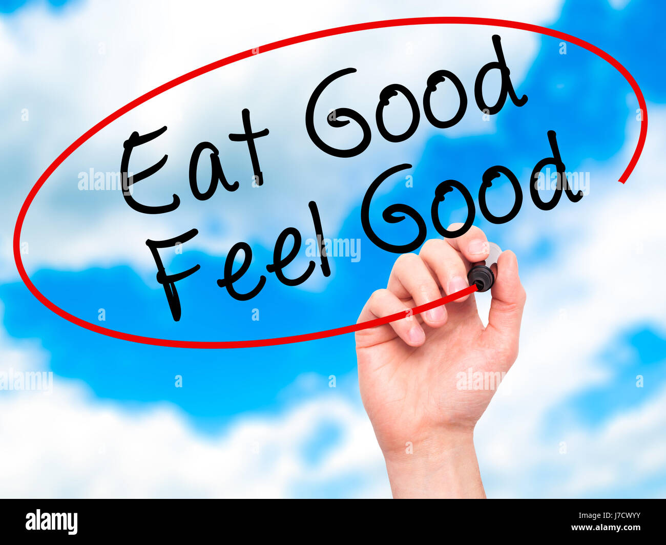 Man Hand writing Eat Good Feel Good with black marker on visual screen ...