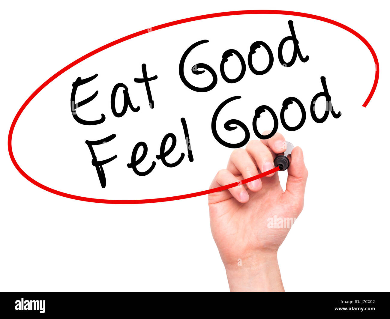 Man Hand writing Eat Good Feel Good with black marker on visual screen ...