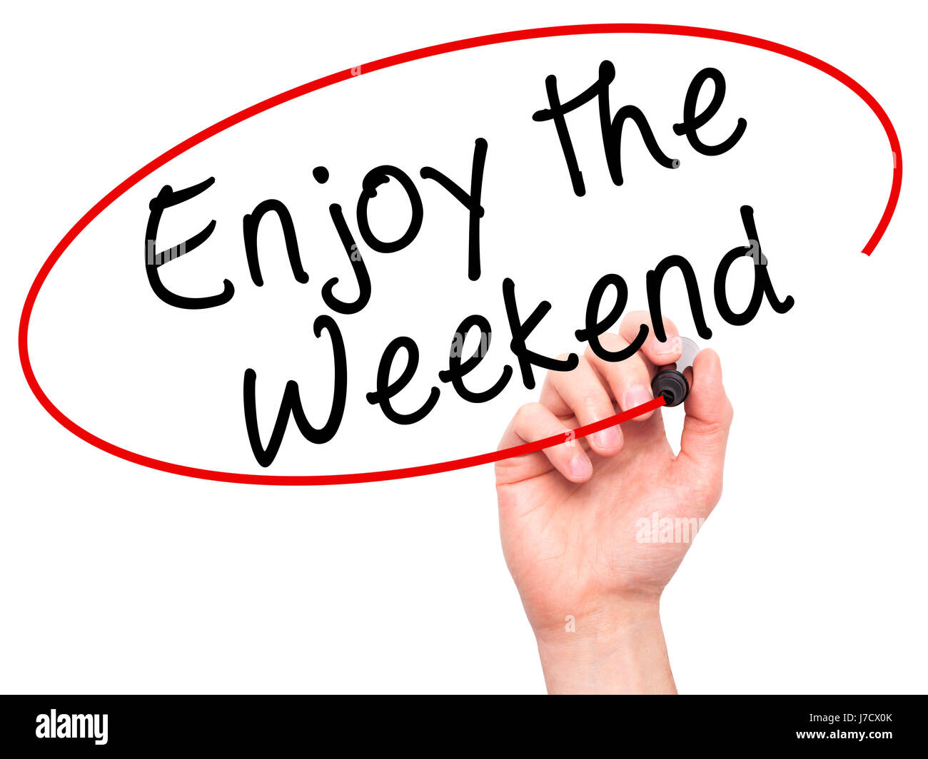 Man Hand writing Enjoy the Weekend with black marker on visual screen ...