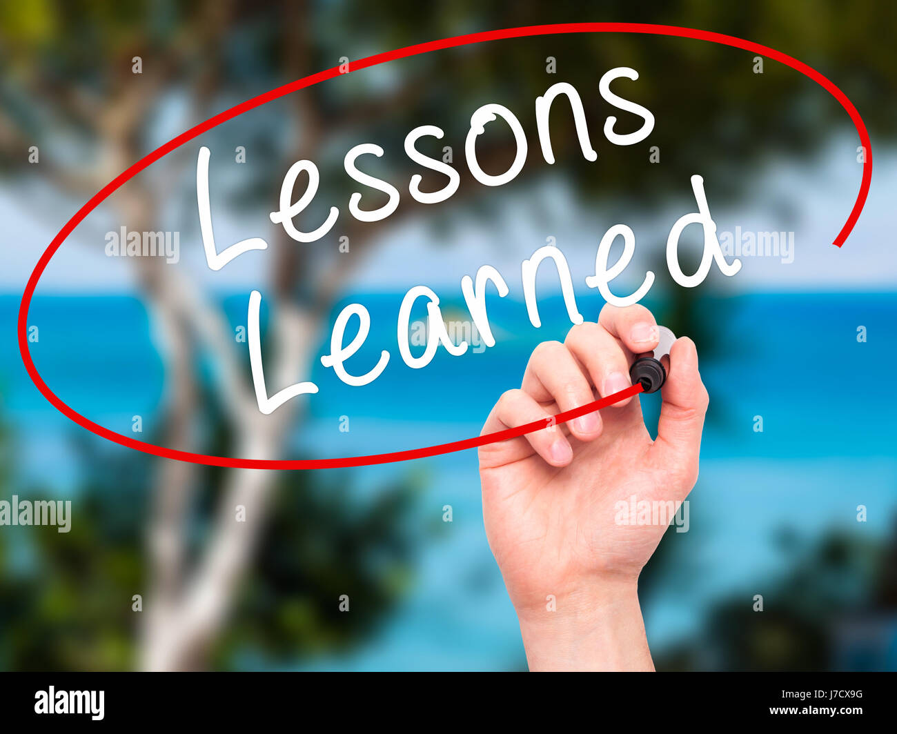 Man Hand writing Lessons Learned with black marker on visual screen ...