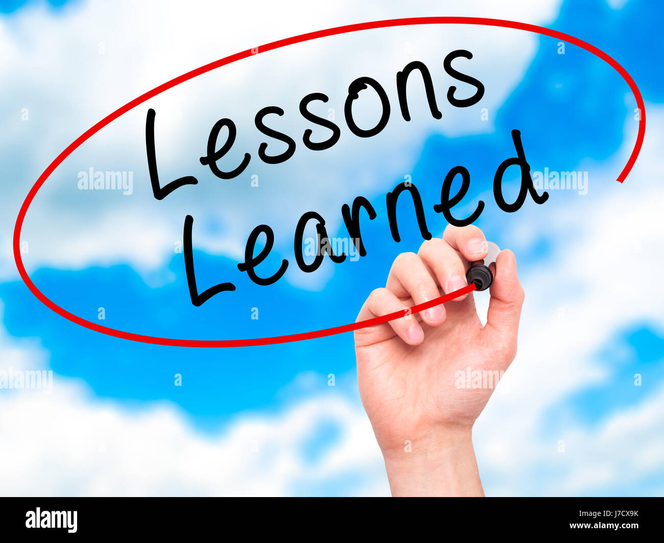 Man Hand writing Lessons Learned with black marker on visual screen ...