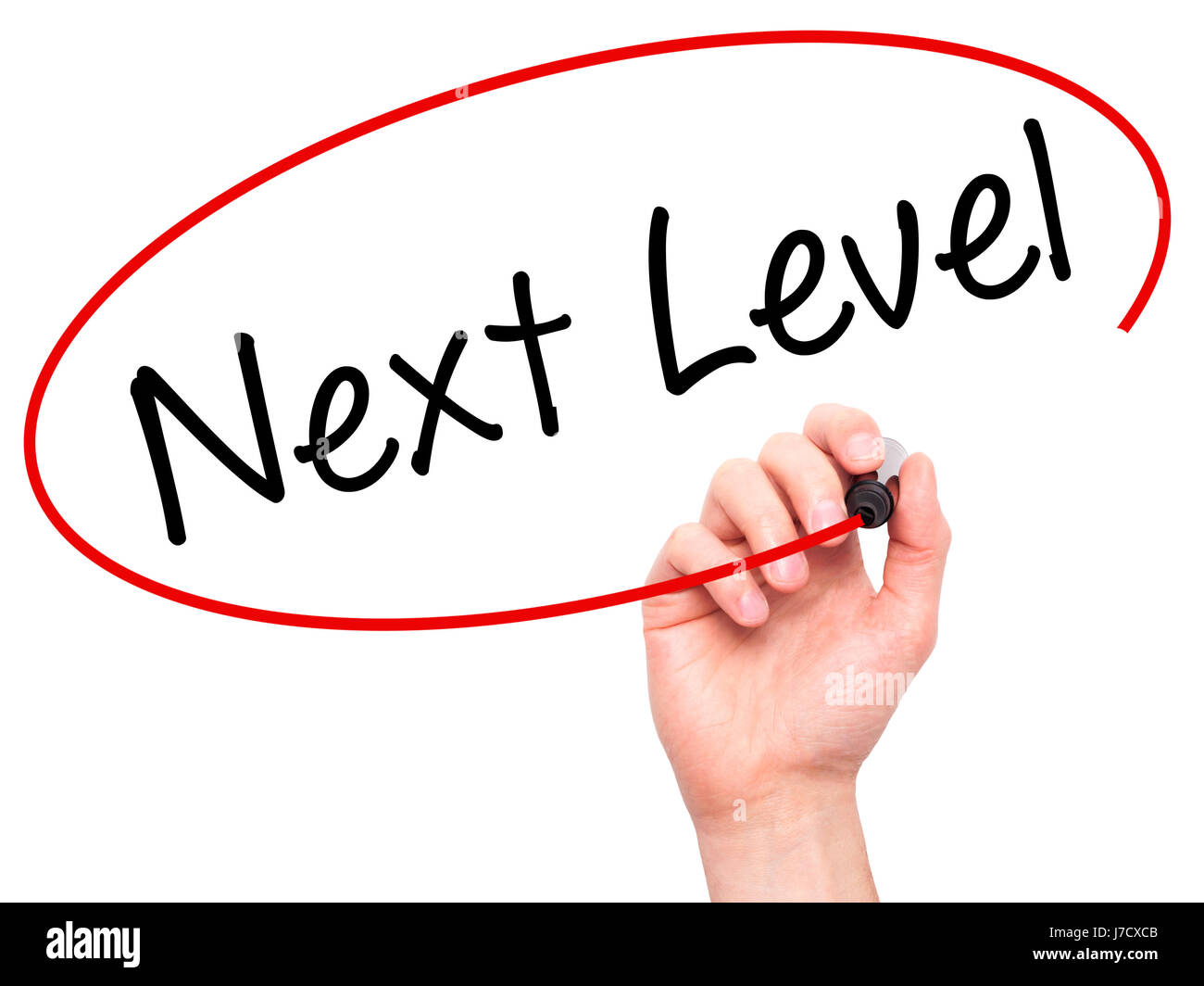 Man Hand writing Next Level with black marker on visual screen ...