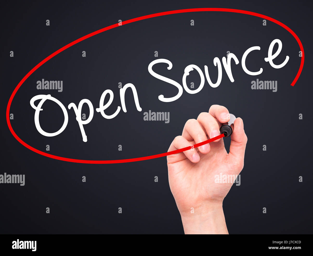 Man Hand writing Open Source with black marker on visual screen ...
