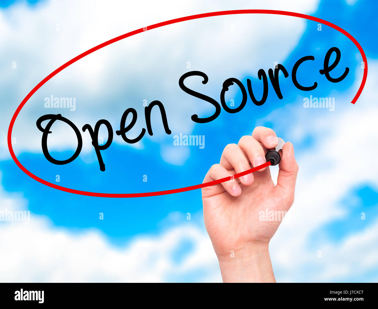 Man Hand writing Open Source with black marker on visual screen ...