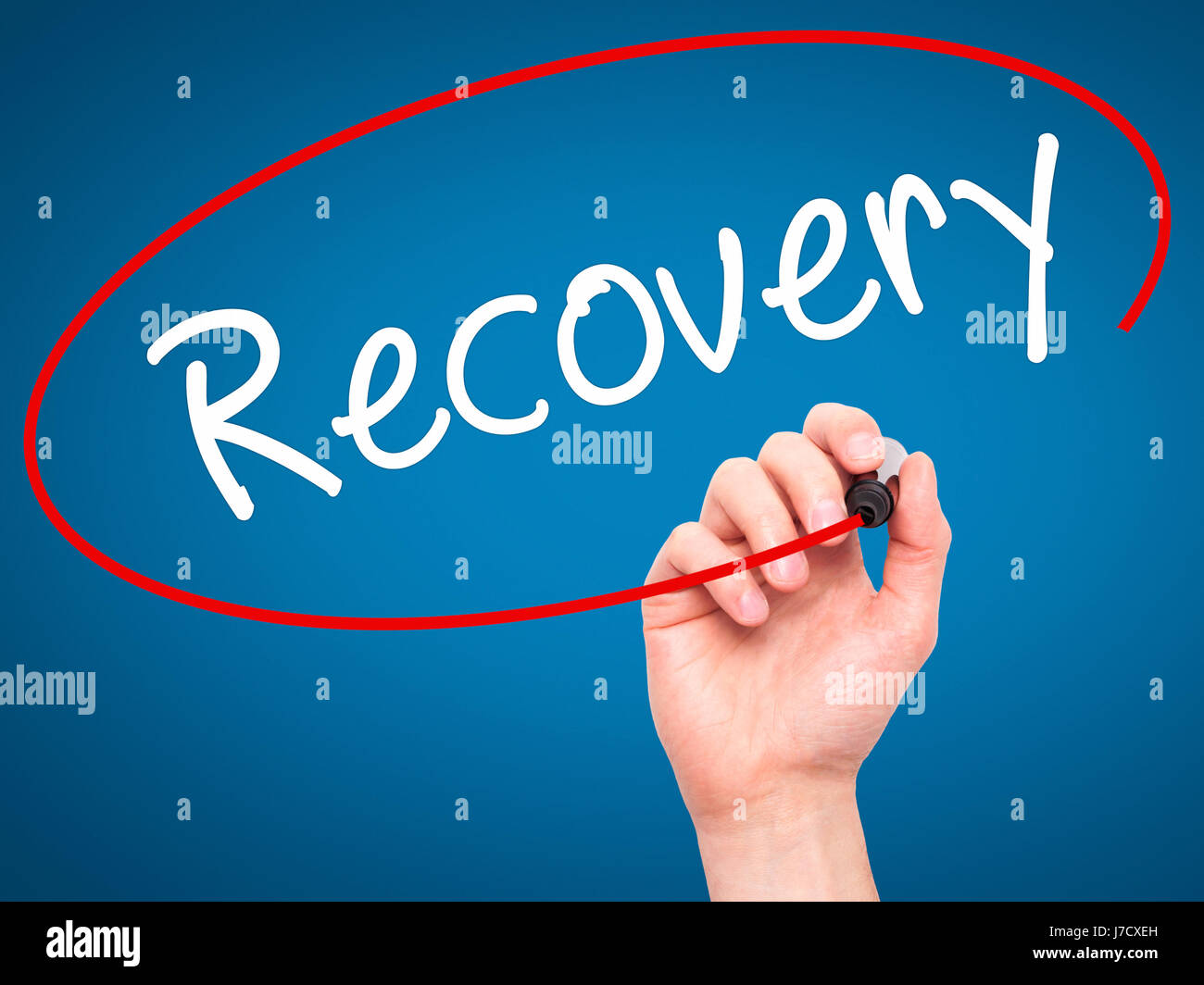 Man Hand writing Recovery with black marker on visual screen. Isolated ...