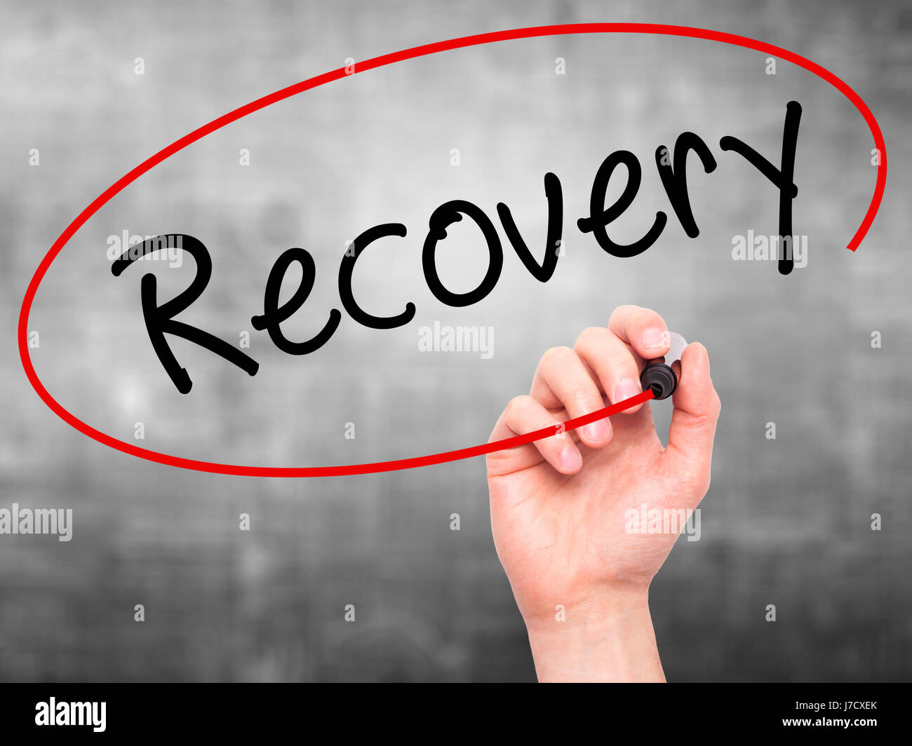 Man Hand writing Recovery with black marker on visual screen. Isolated ...