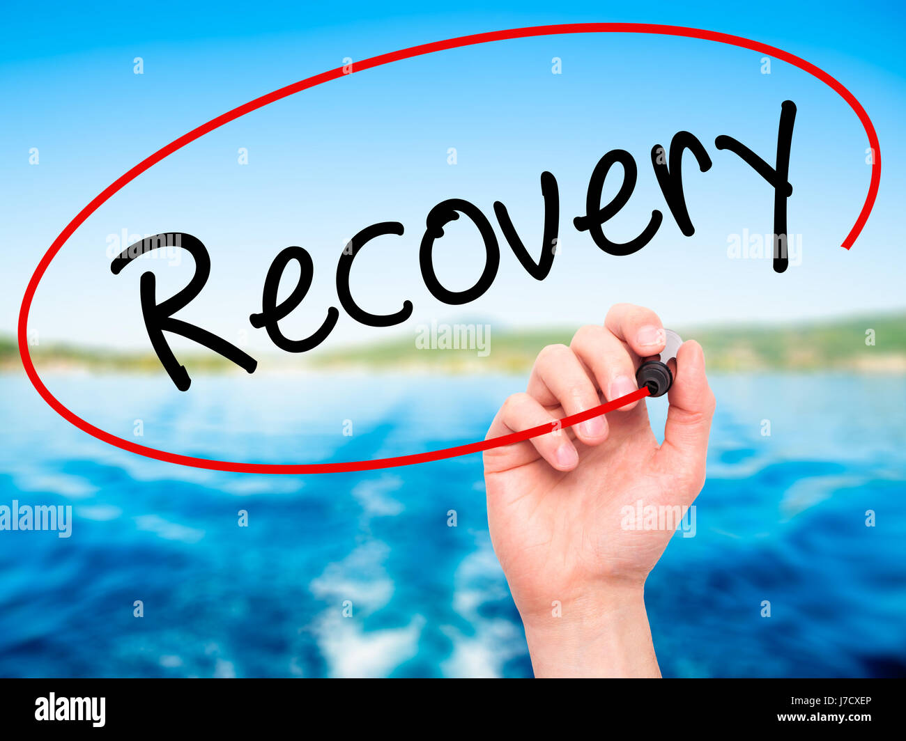 Man Hand writing Recovery with black marker on visual screen. Isolated ...