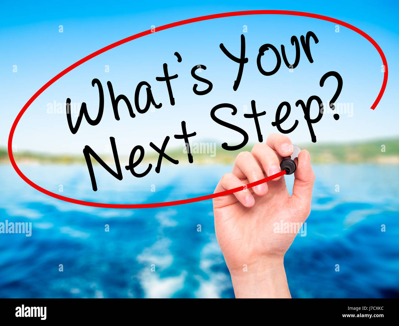 Man Hand writing What's Your Next Step? with black marker on visual ...