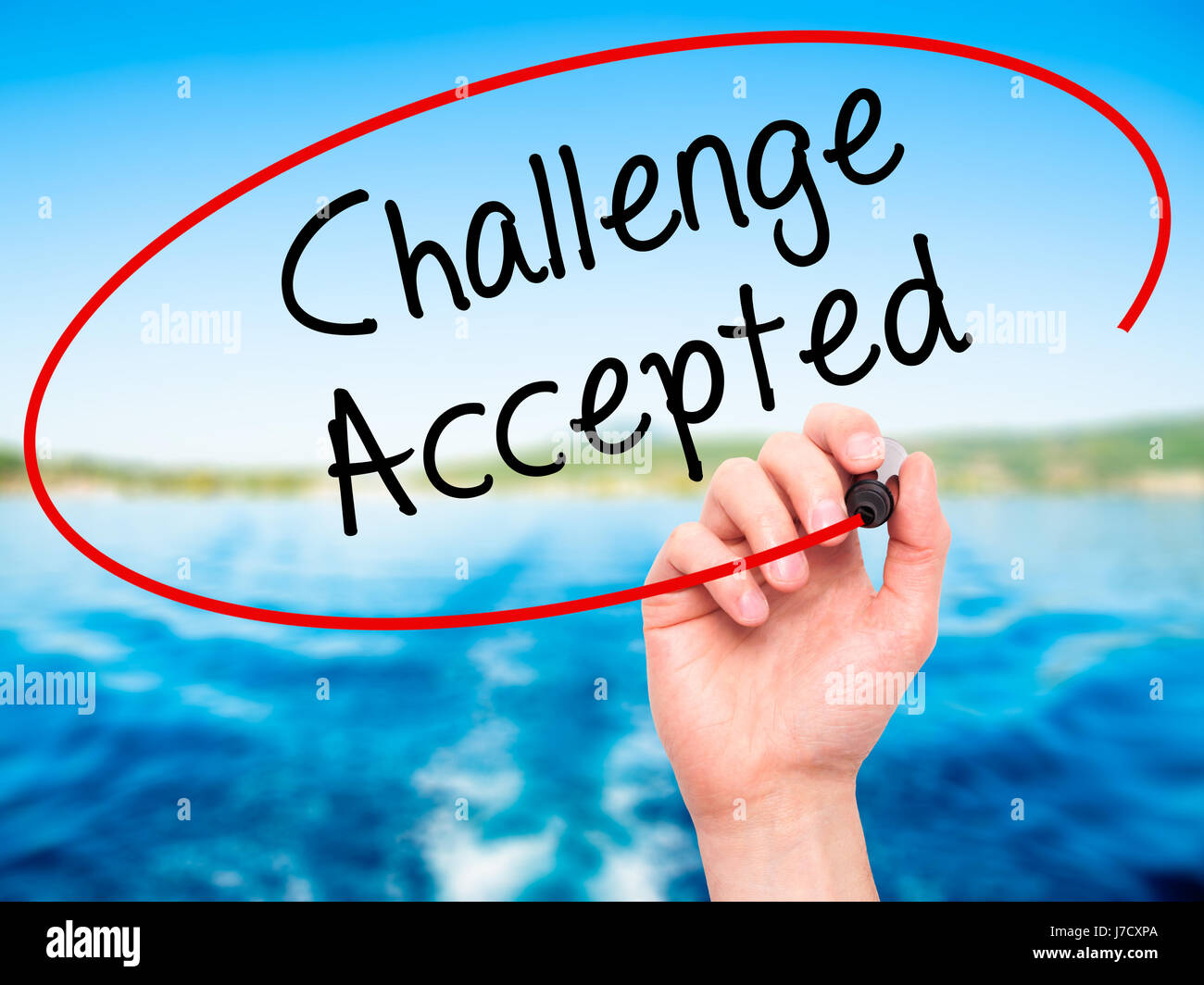 Man Hand writing Challenge Accepted with black marker on visual screen ...