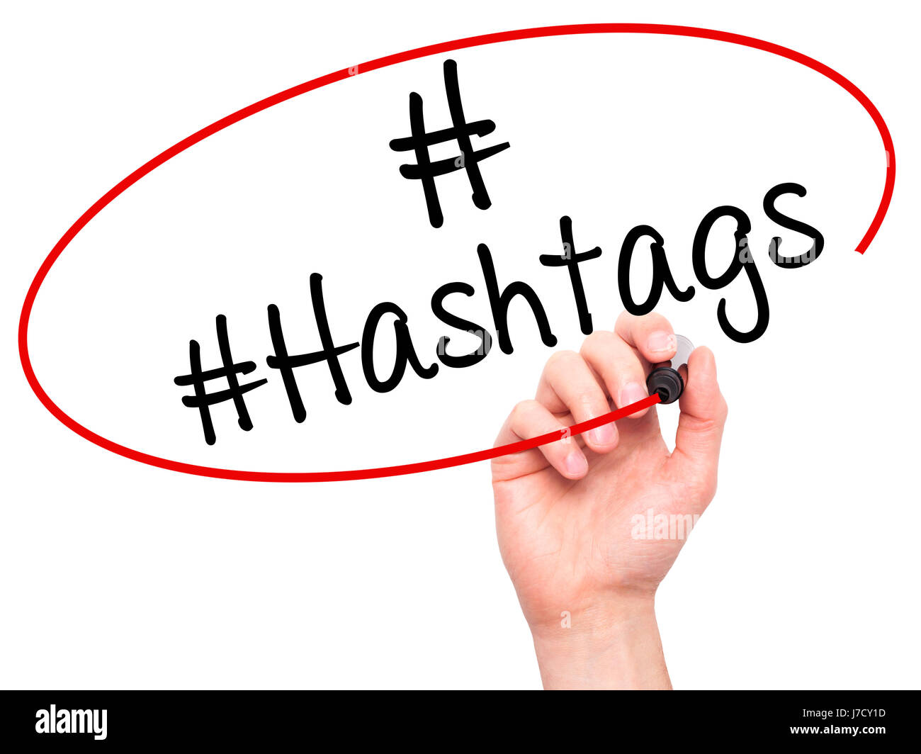 Man Hand writing #Hashtags with black marker on visual screen. Isolated ...