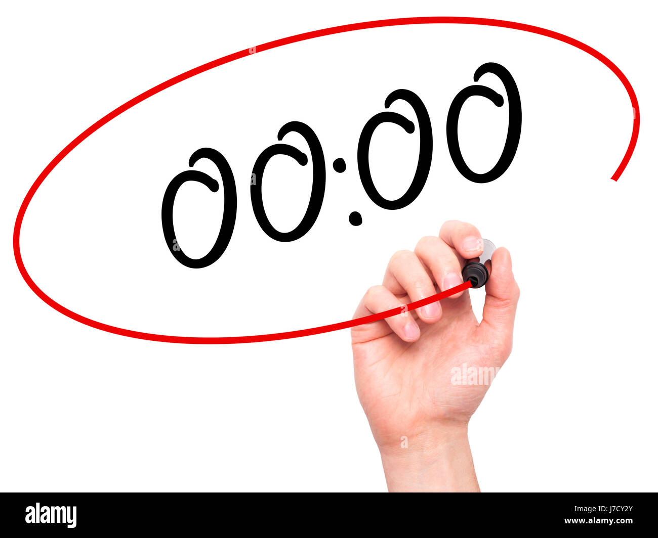 Man Hand writing 00:00 with black marker on visual screen. Isolated on ...
