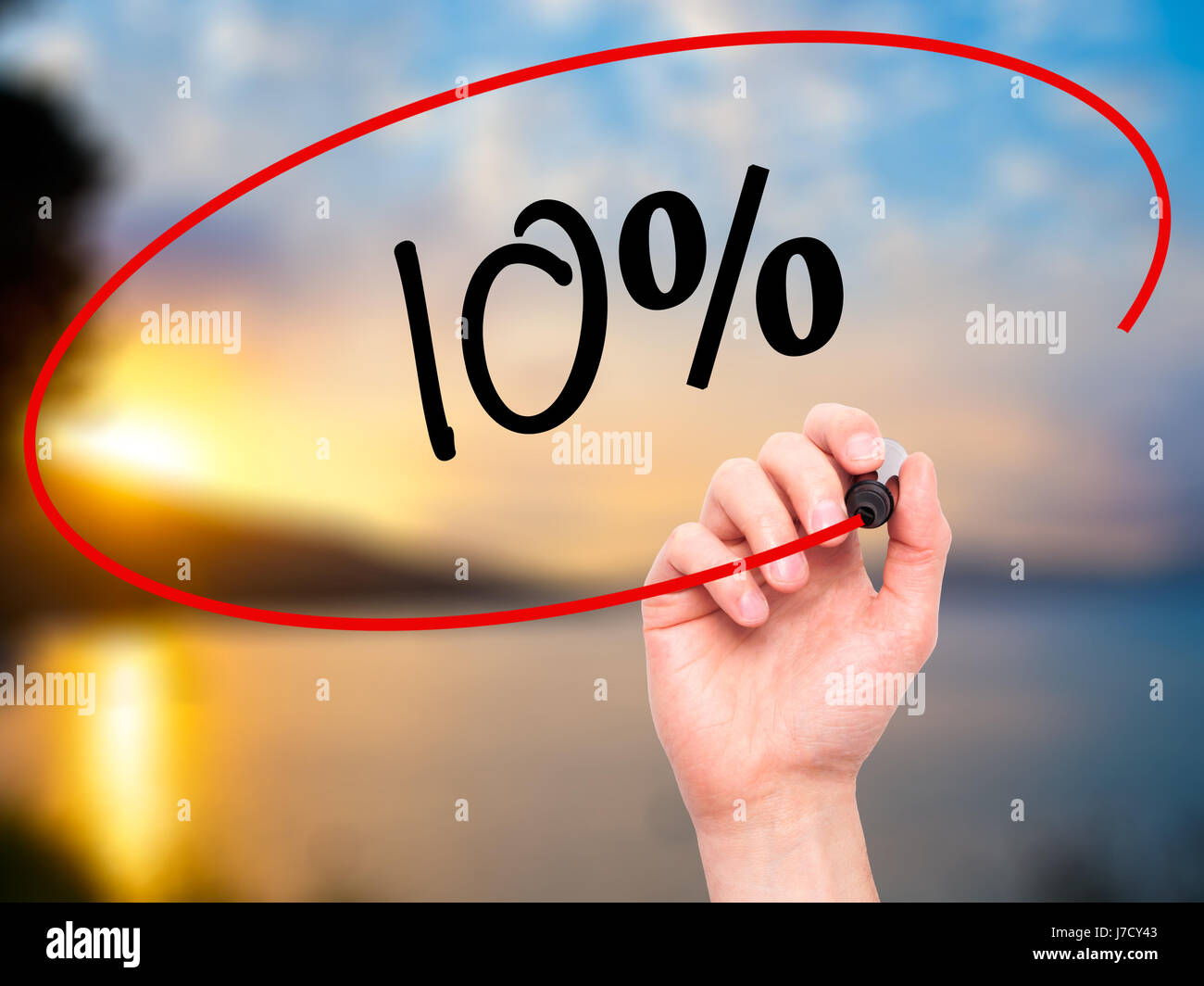 Man Hand writing 10% with black marker on visual screen. Isolated on ...