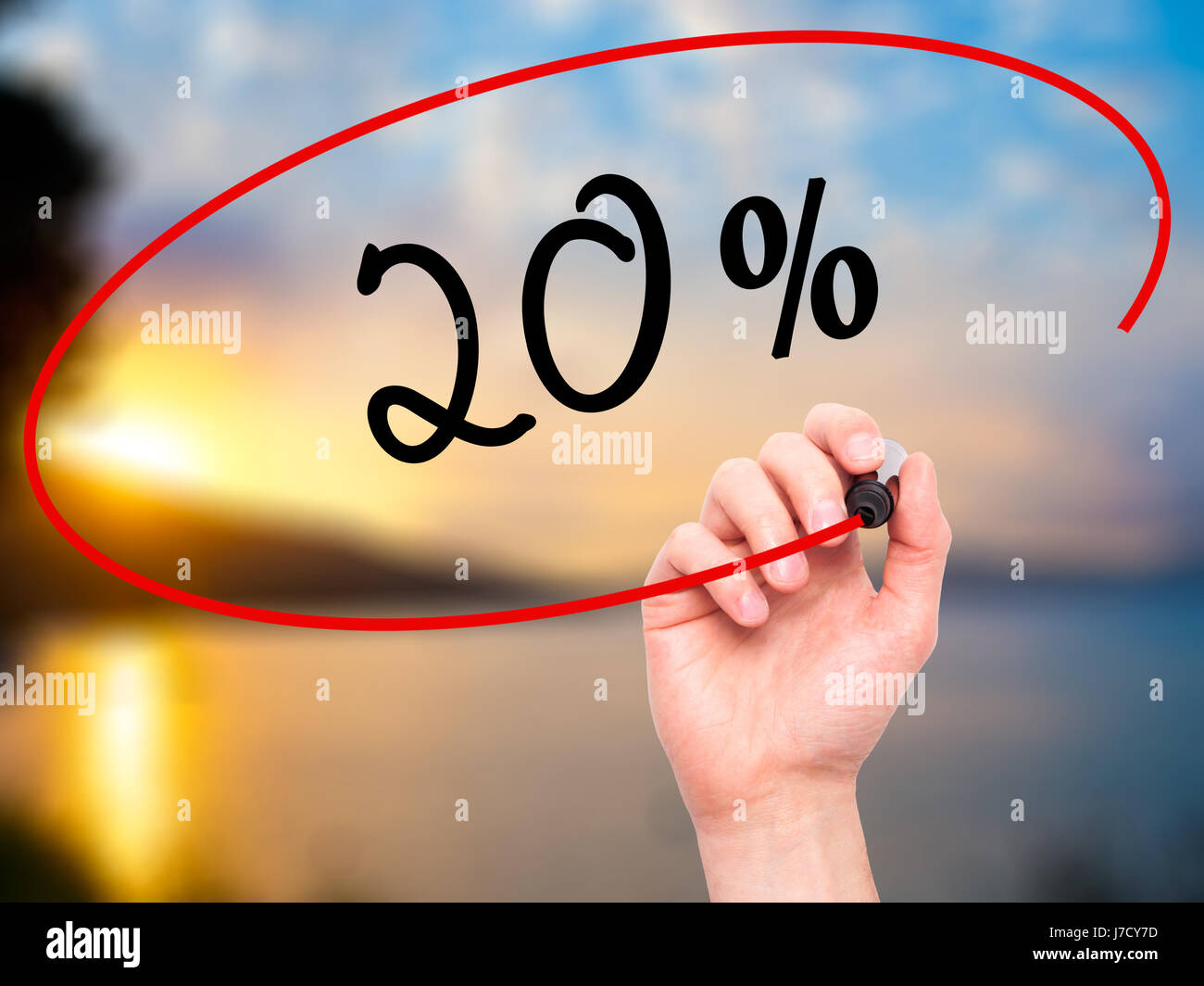 Man Hand writing 20% with black marker on visual screen. Isolated on ...