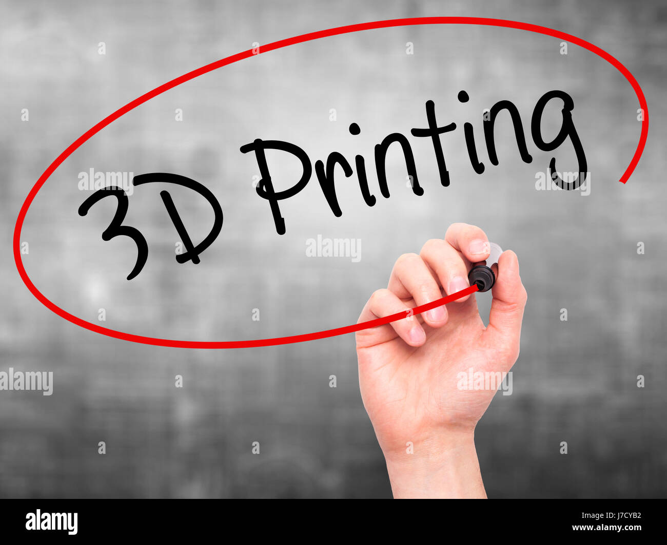 Man Hand writing 3D Printing with black marker on visual screen ...