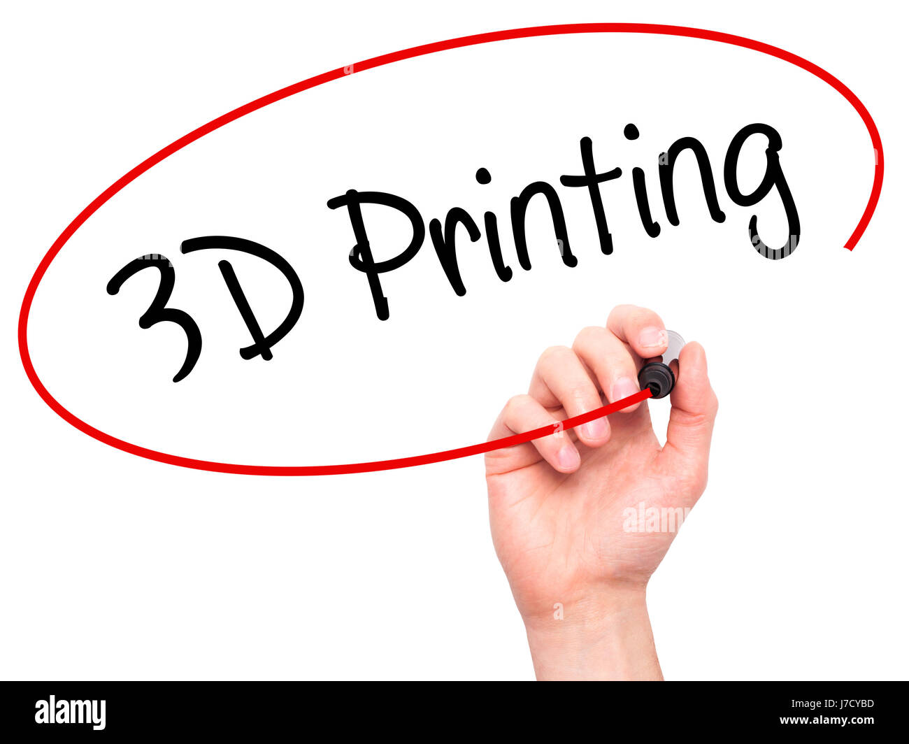 Man Hand writing 3D Printing with black marker on visual screen ...