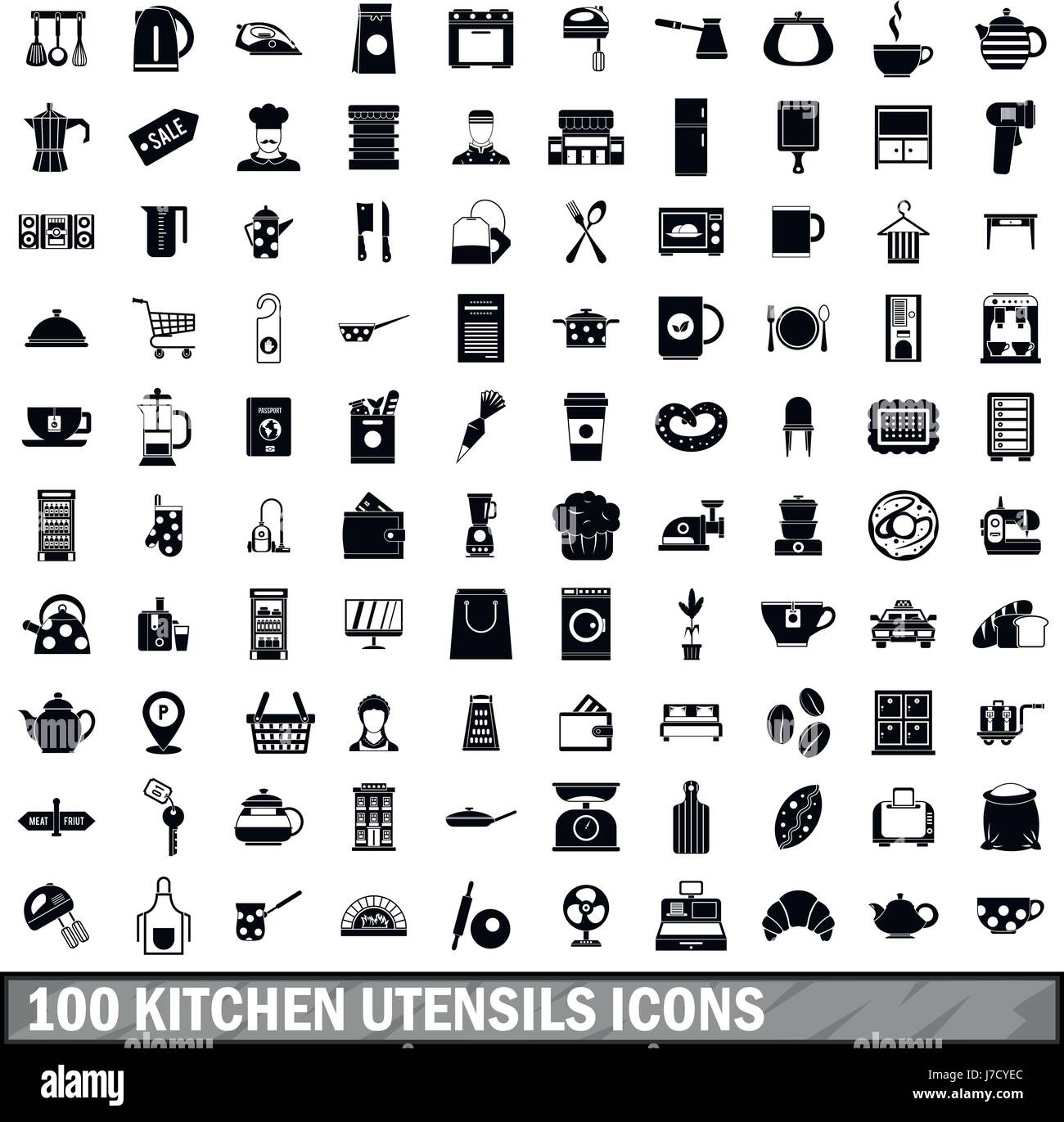100 kitchen utensils icons set, simple style Stock Vector Image & Art ...