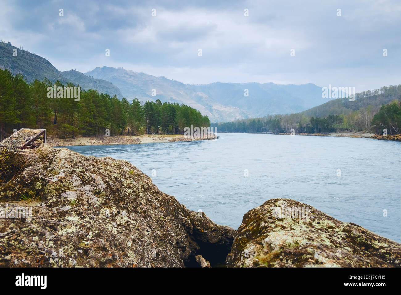 landscape with mountains, forest and a river in front. beautiful ...