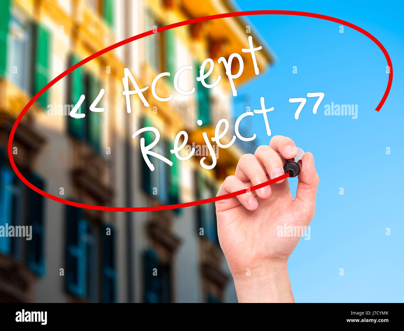 Man Hand writing Accept - Reject with black marker on visual screen ...