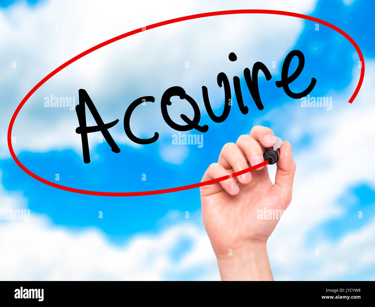 Man Hand writing Acquire with black marker on visual screen. Isolated ...