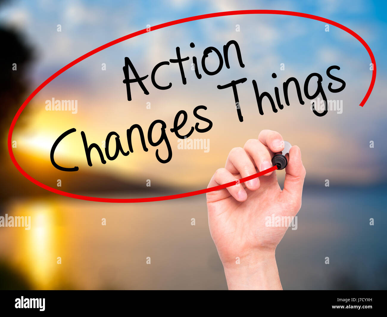 Man Hand writing Action Changes Things with black marker on visual ...