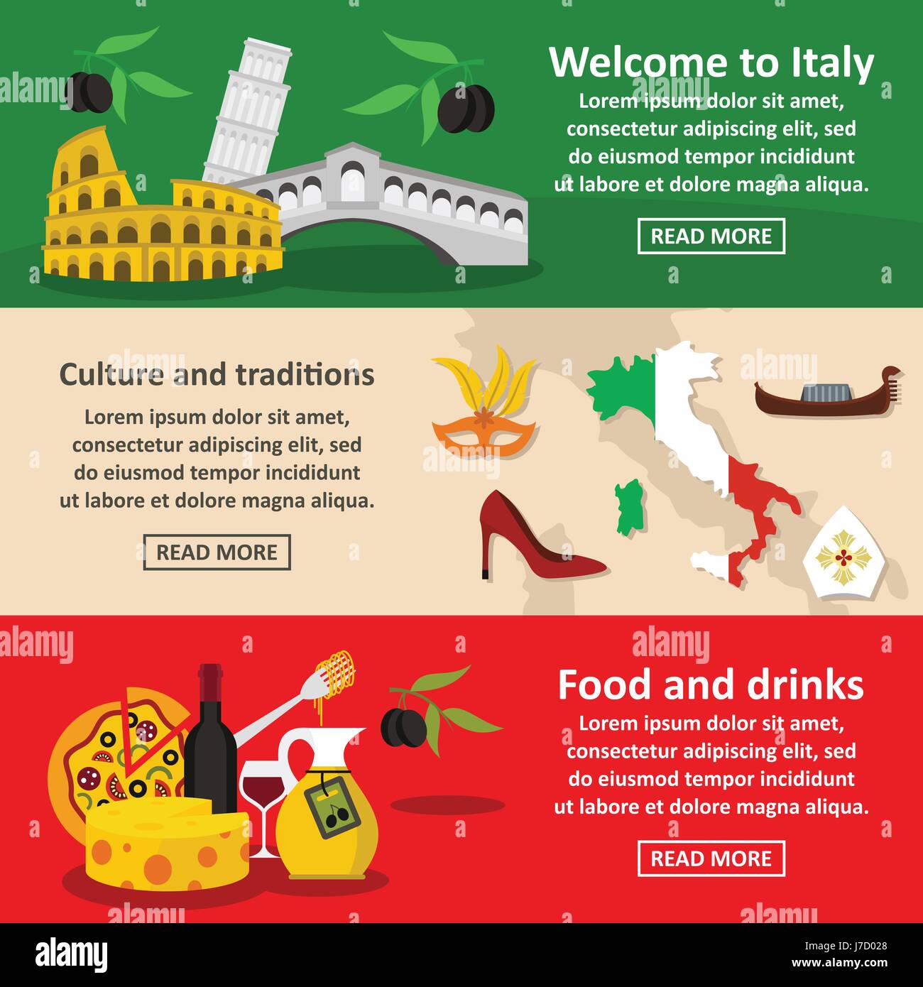 Italy travel banner horizontal set, flat style Stock Vector Image & Art ...