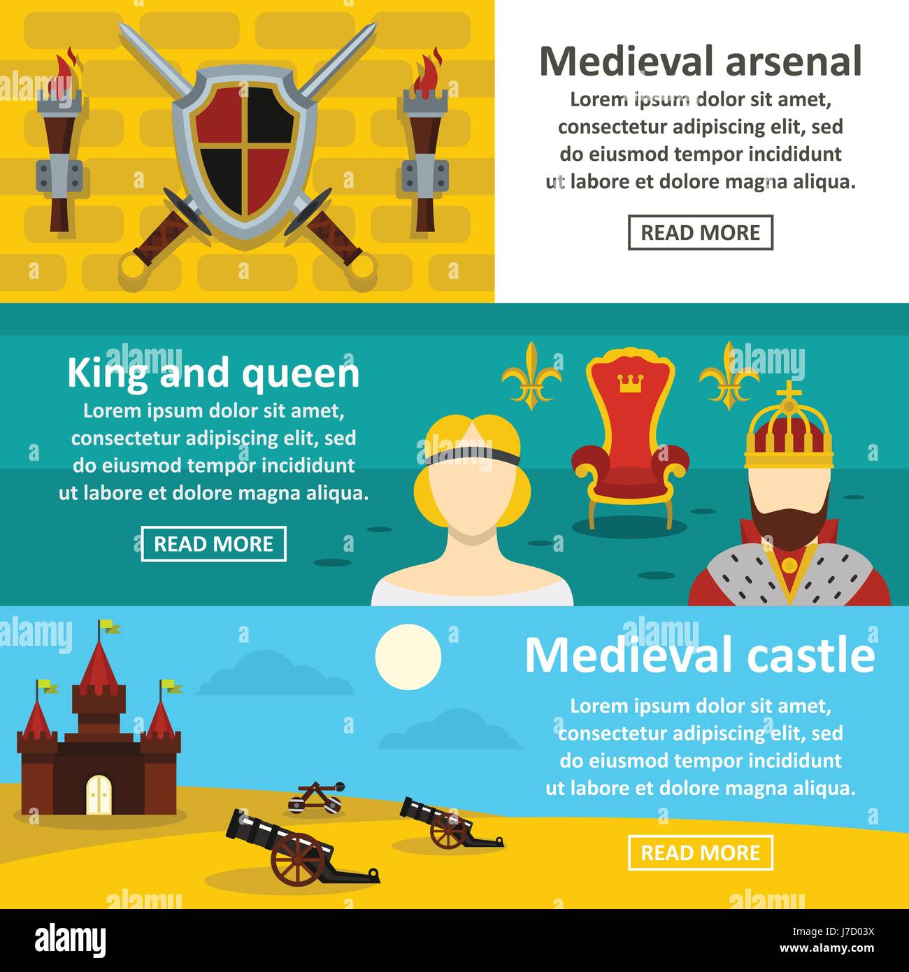 Medieval symbols banner horizontal set, flat style Stock Vector Image ...