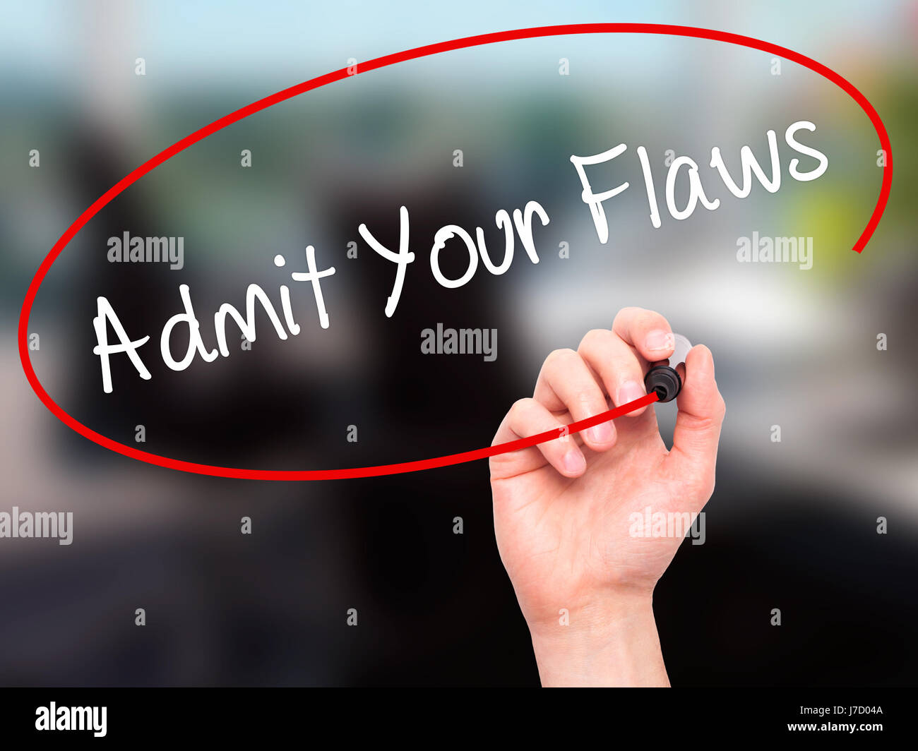 Man Hand writing Admit Your Flaws with black marker on visual screen ...