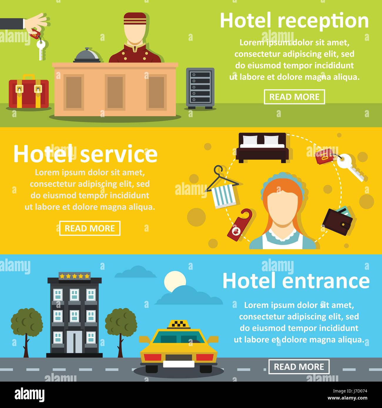 Hotel service banner horizontal set, flat style Stock Vector Image ...