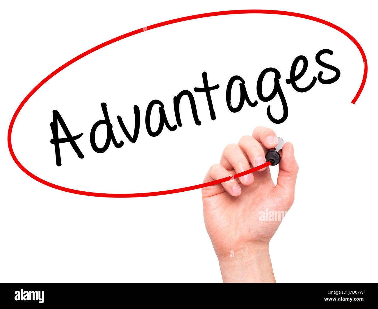 Man Hand writing Advantages with black marker on visual screen ...