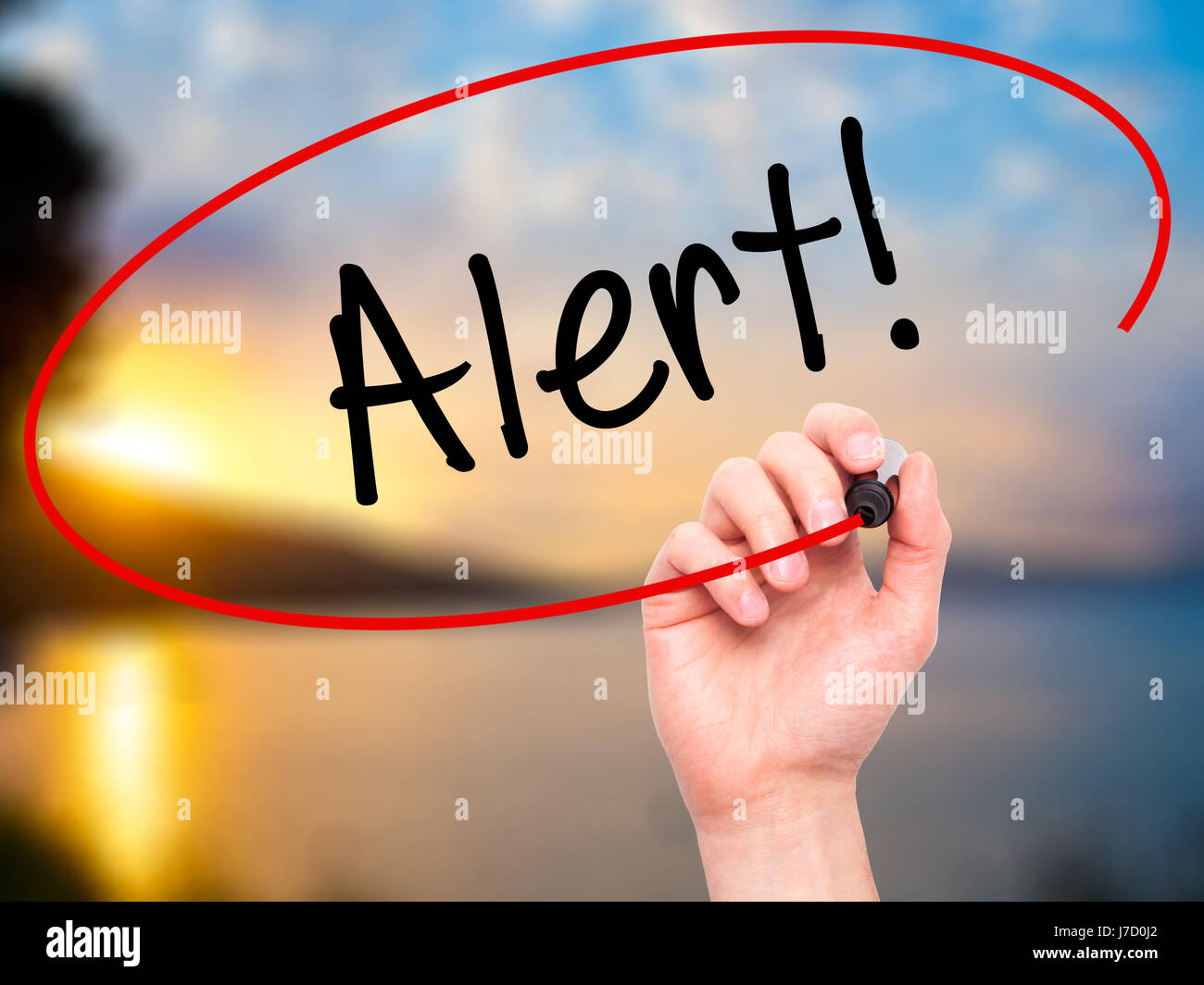 Man Hand writing Alert! with black marker on visual screen. Isolated on ...
