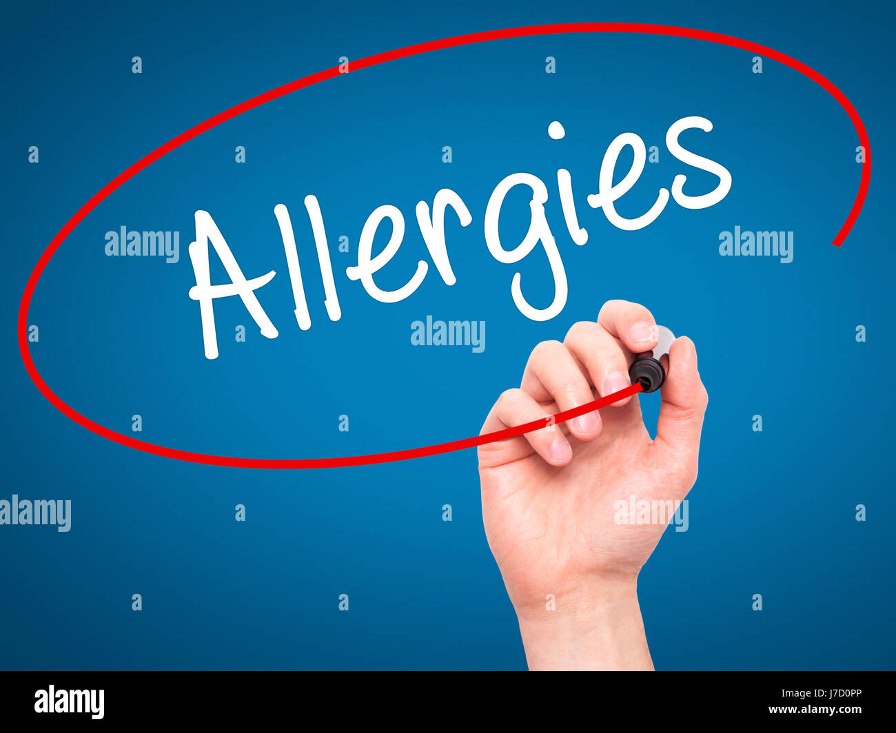 Man Hand writing Allergies with black marker on visual screen. Isolated ...