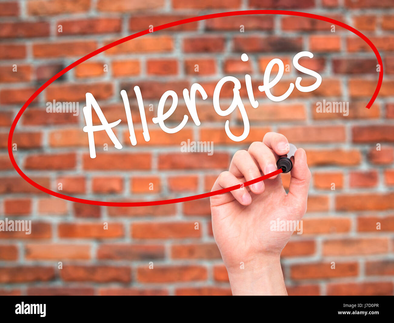 Man Hand writing Allergies with black marker on visual screen. Isolated ...