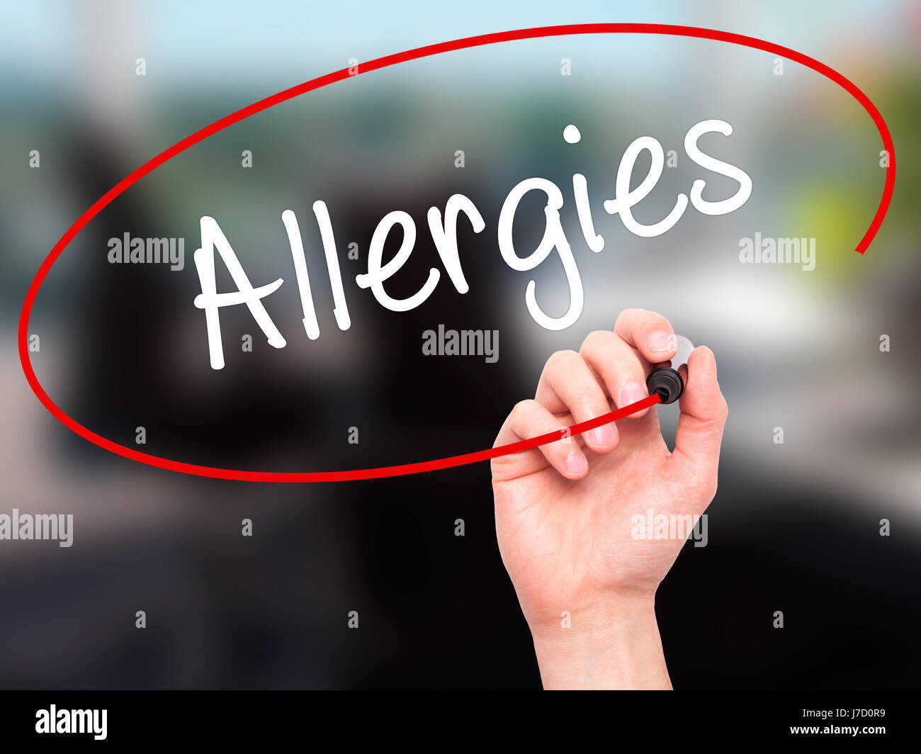 Man Hand writing Allergies with black marker on visual screen. Isolated ...