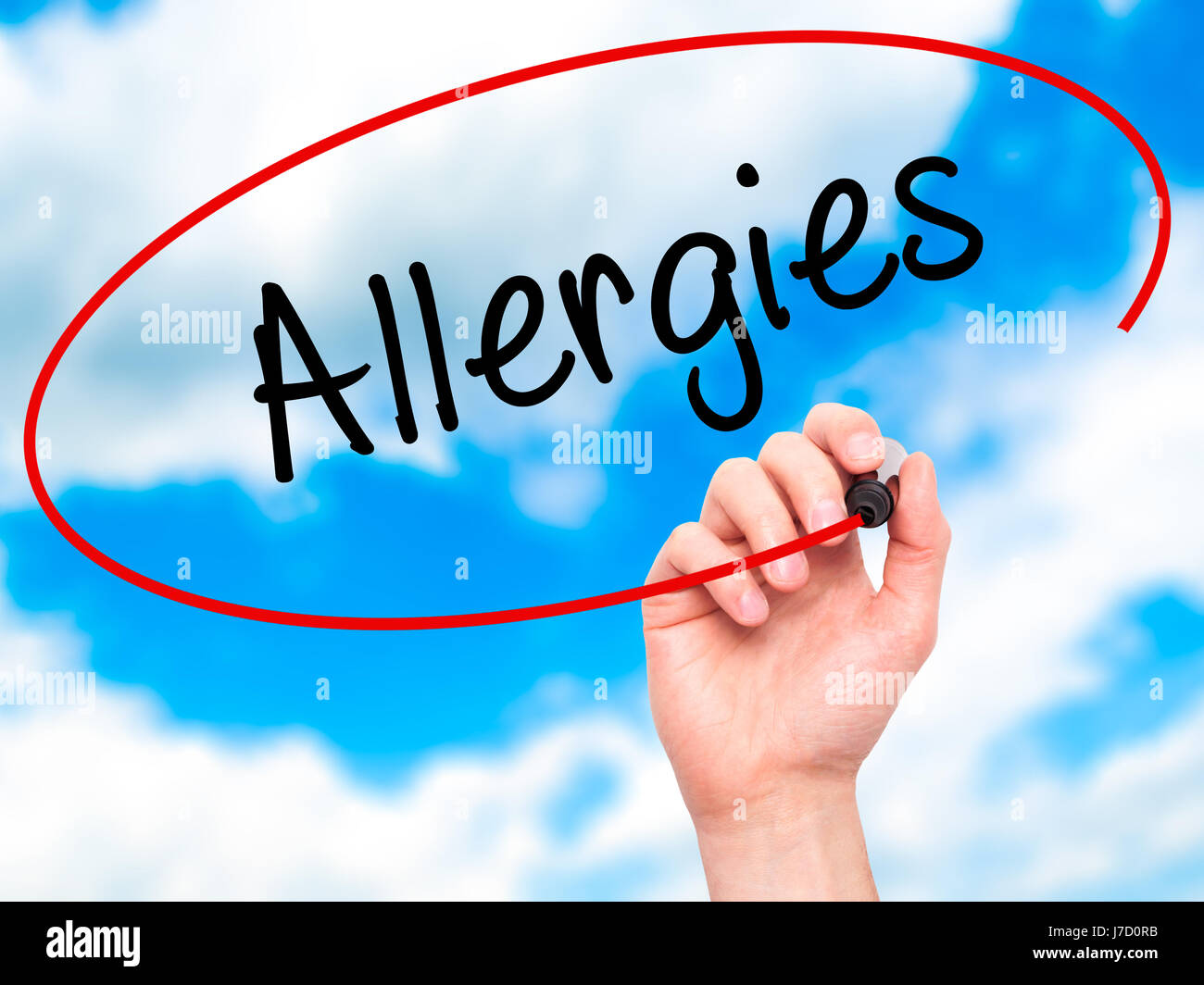 Man Hand writing Allergies with black marker on visual screen. Isolated ...