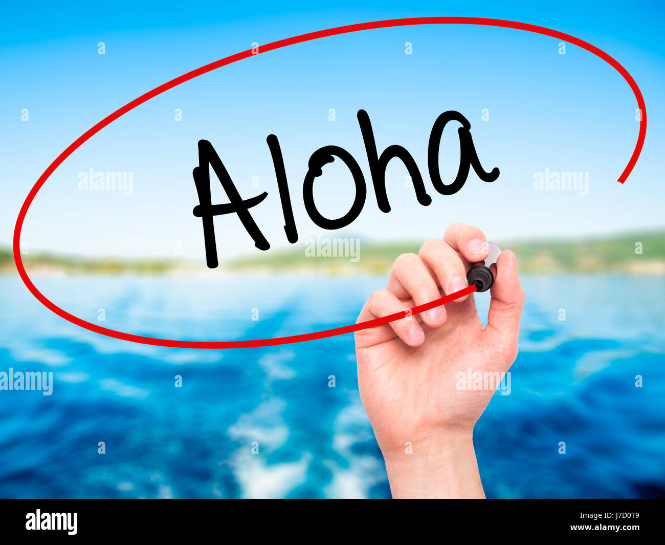 Man Hand writing Aloha with black marker on visual screen. Isolated on ...