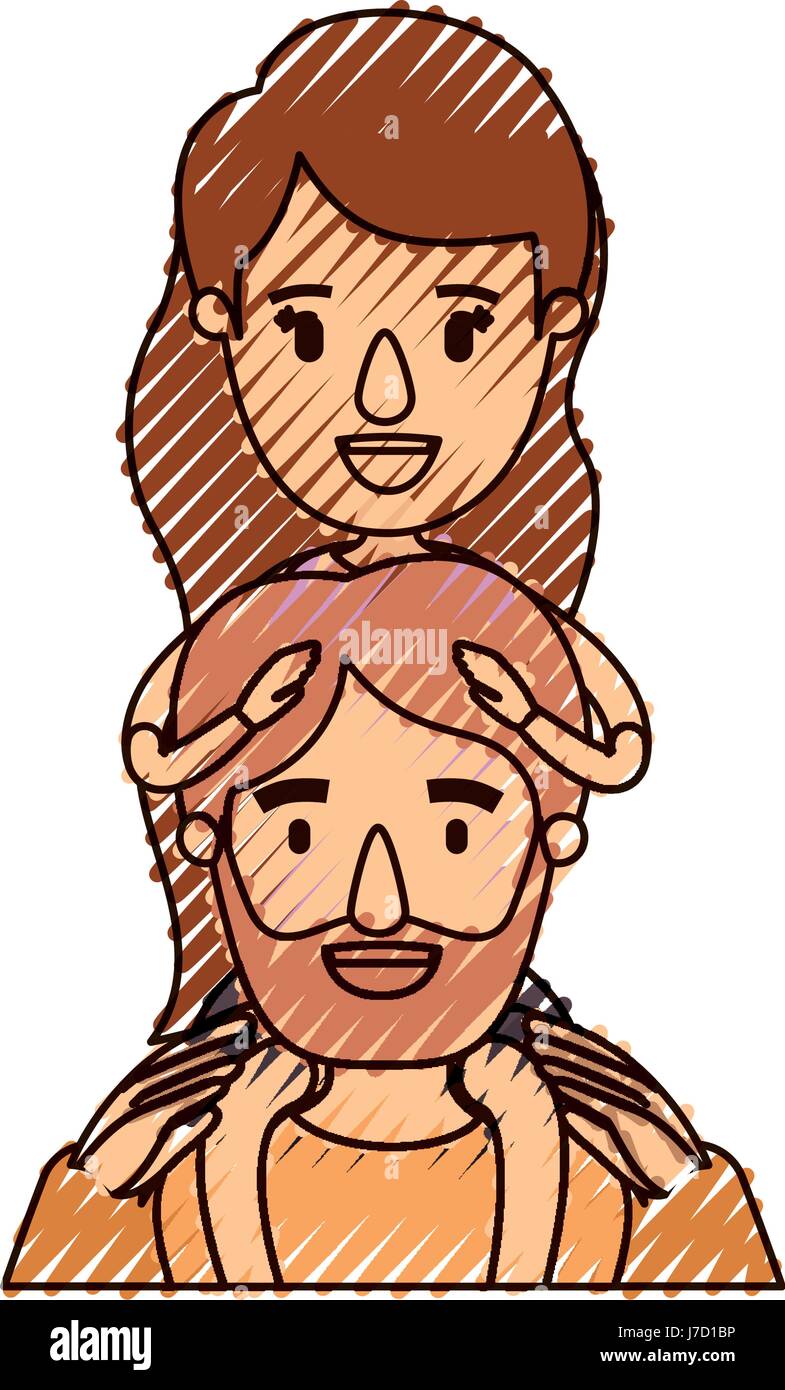 color crayon stripe caricature half body bearded father with girl on ...