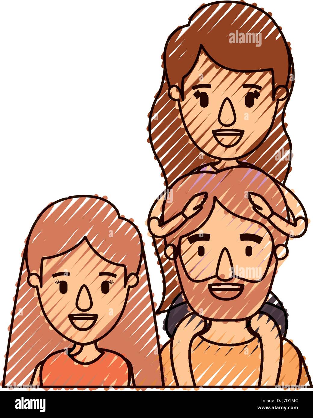 color crayon stripe caricature half body family parents with girl on ...