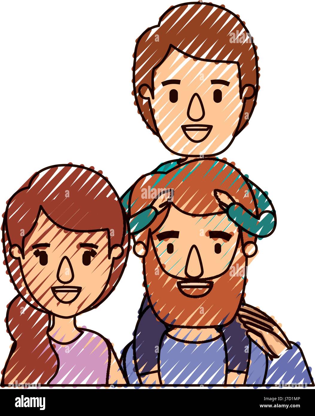 color crayon stripe caricature half body family parents with boy on his ...